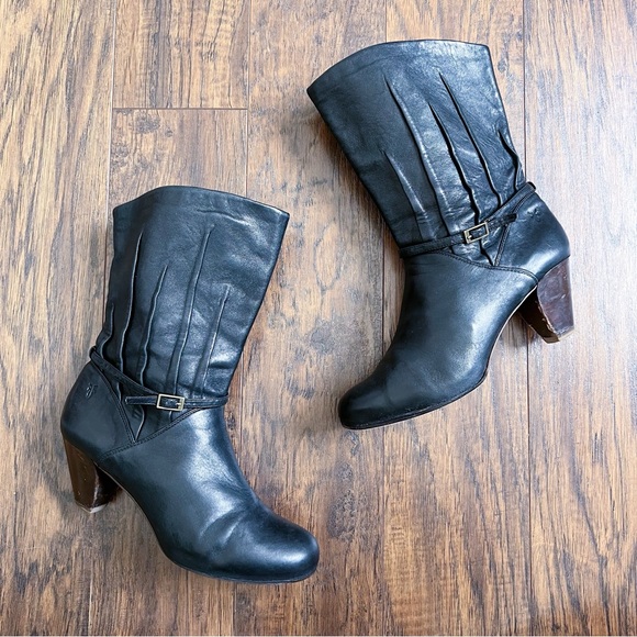 Frye | Shoes | Frye Lisa 8l Pleated Mini Buckle Boot Black Nappa ...